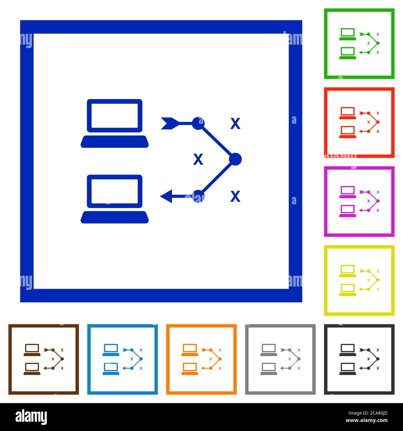 Traceroute remote computer flat color icons in square frames on white ...