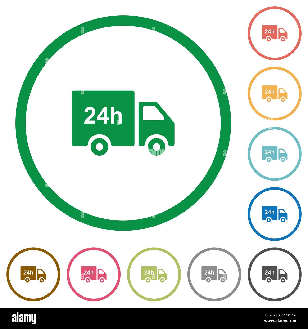 24 hour delivery truck flat color icons in round outlines on white ...