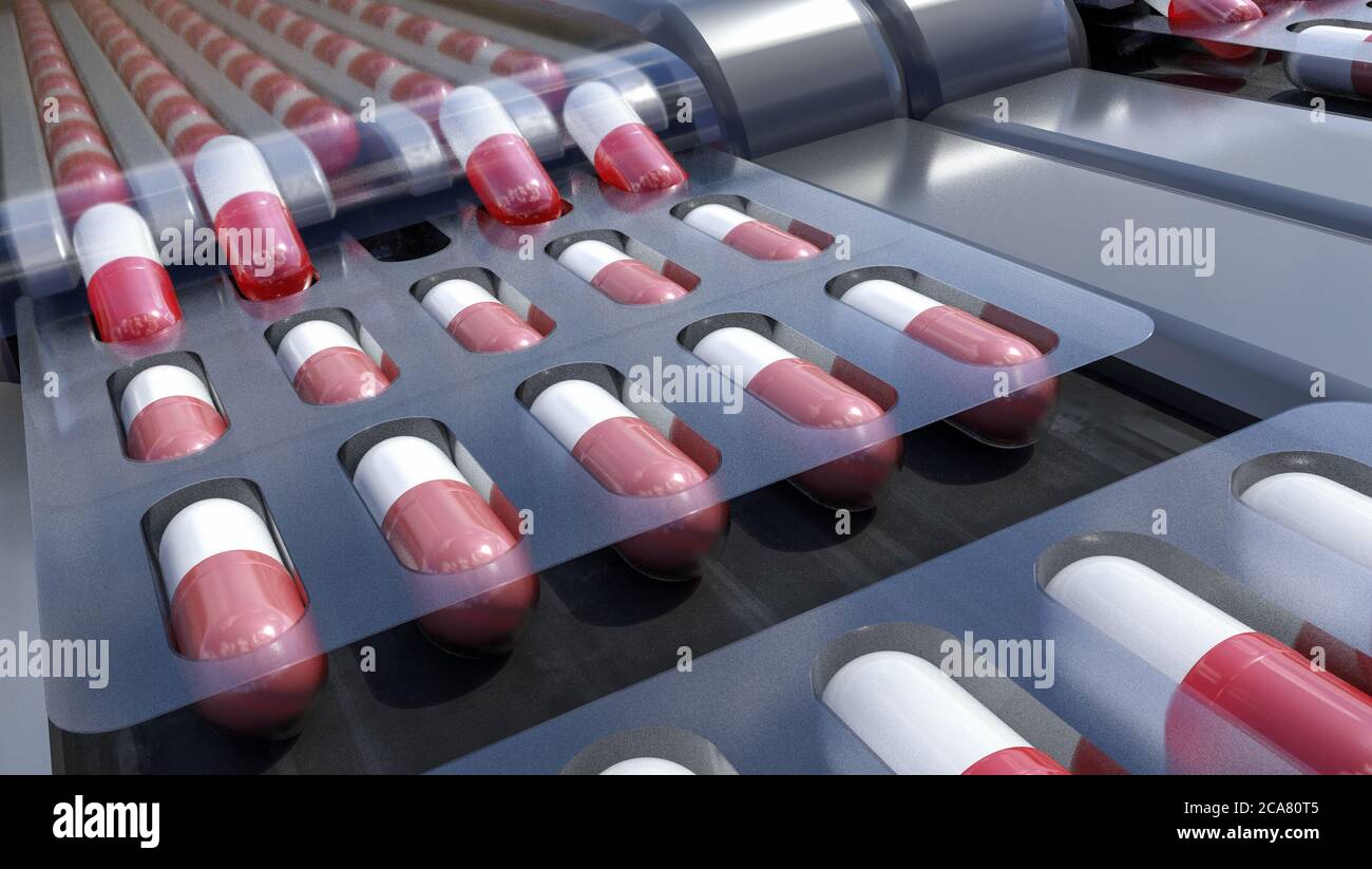 pharmacy medicine capsule pill in production line at medical factory ...