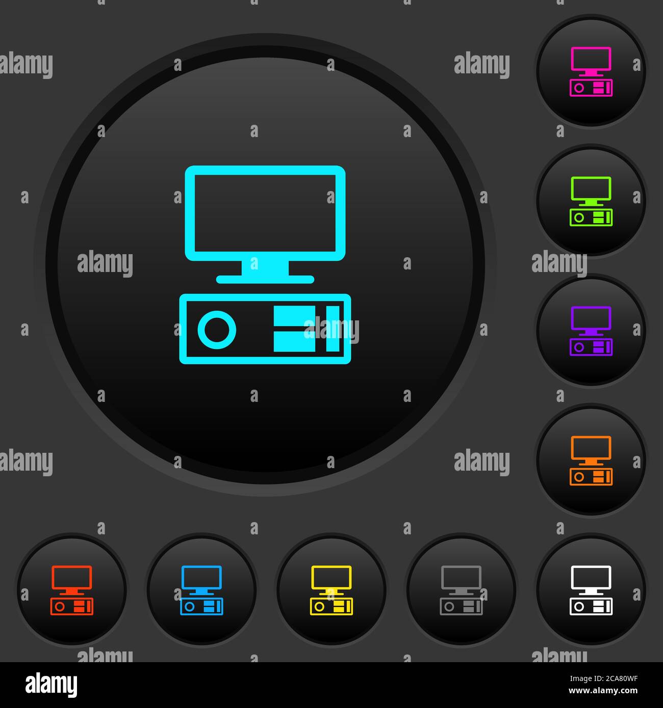 Old personal computer dark push buttons with vivid color icons on dark ...