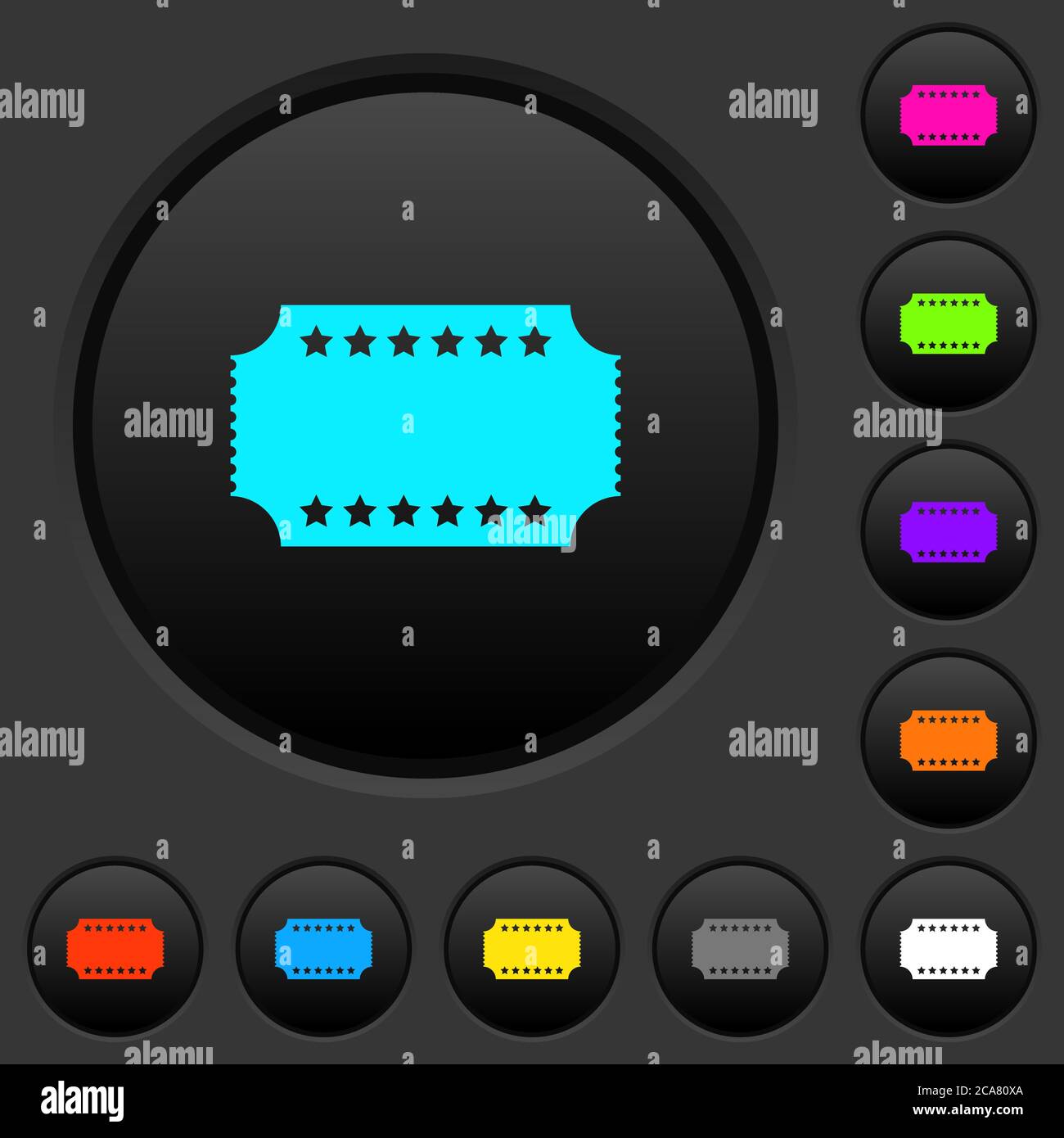 Ticket with stars dark push buttons with vivid color icons on dark grey ...