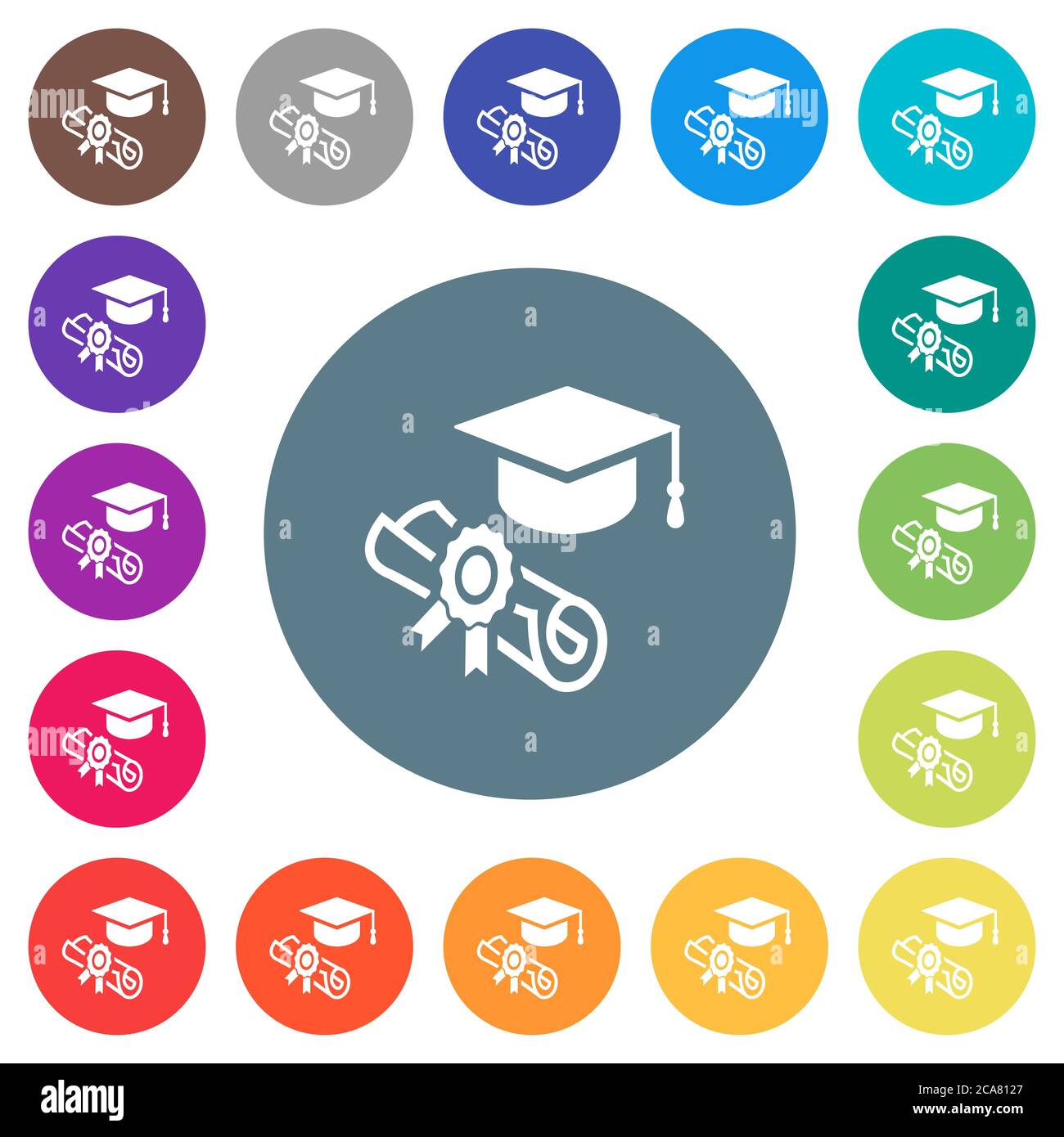 Graduation ceremony flat white icons on round color backgrounds. 17 ...
