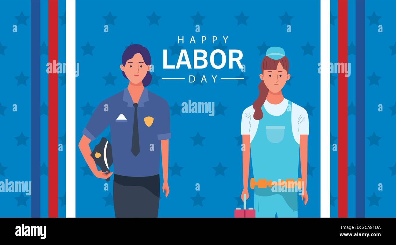 happy labor day celebration with female police and mechanic vector ...