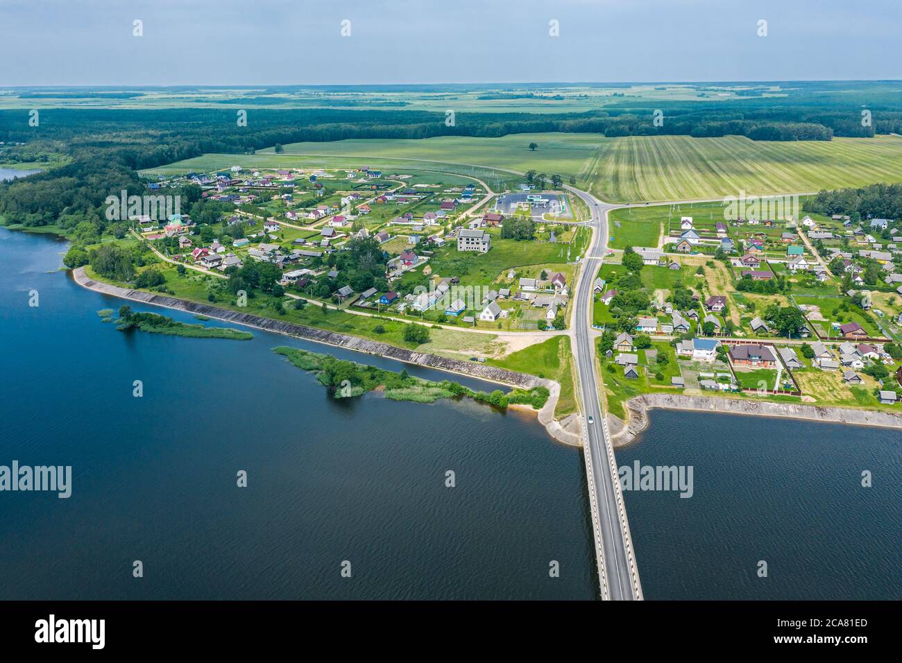 aerial view of the village on lake Vileyka. rural landscape in Belarus ...