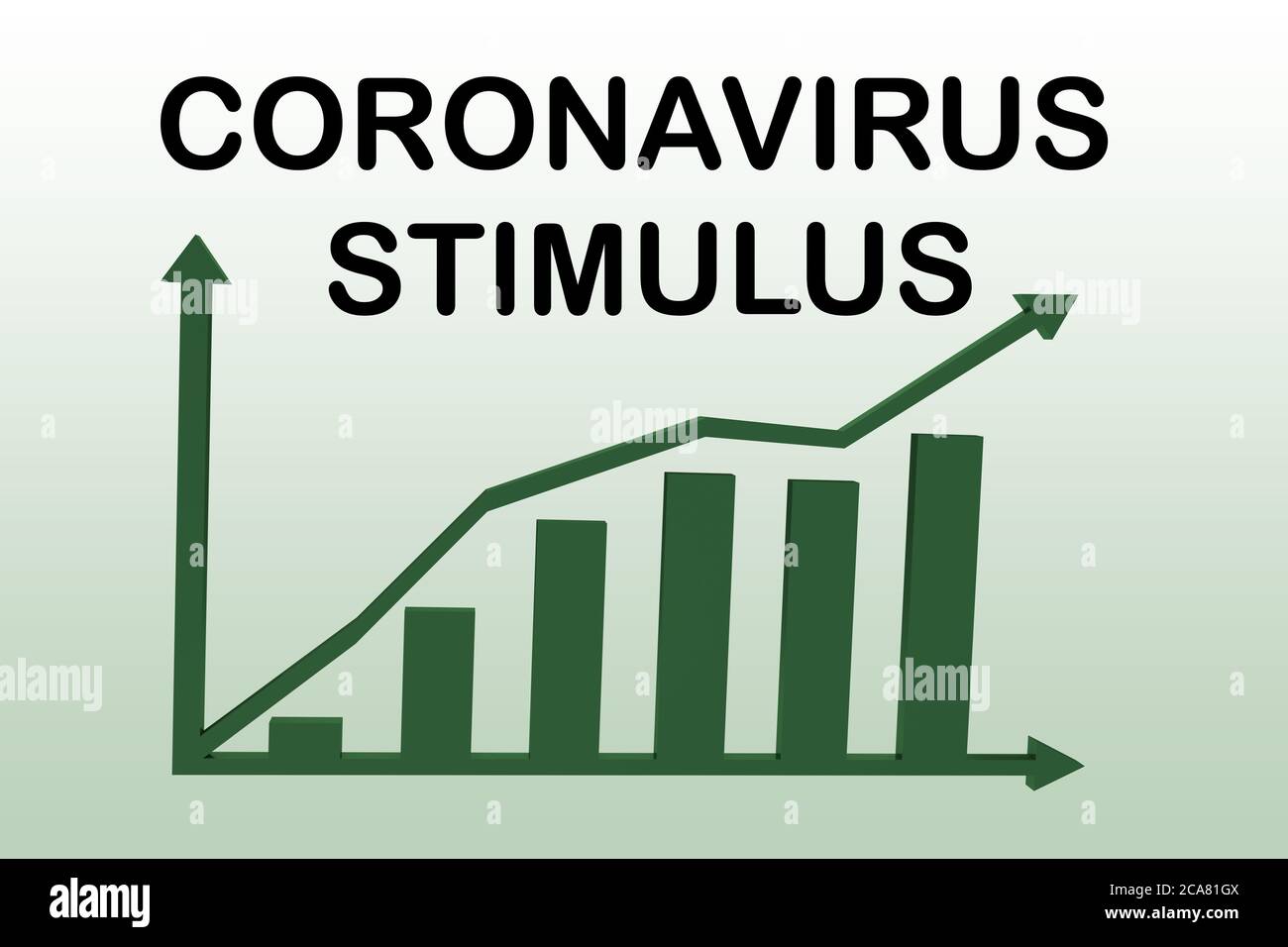 3D illustration of CORONAVIRUS STIMULUS above a column bar graph ...