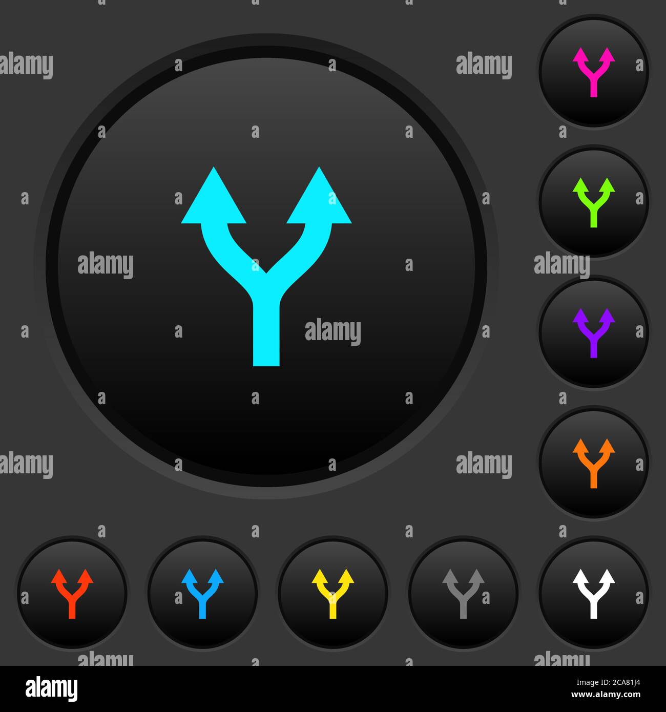 Split arrows up dark push buttons with vivid color icons on dark grey ...