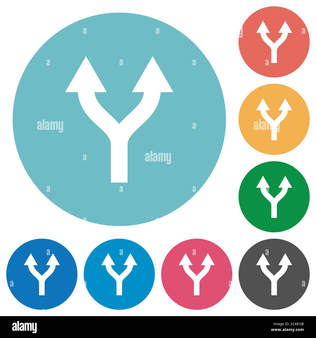 Split arrows up flat white icons on round color backgrounds Stock ...