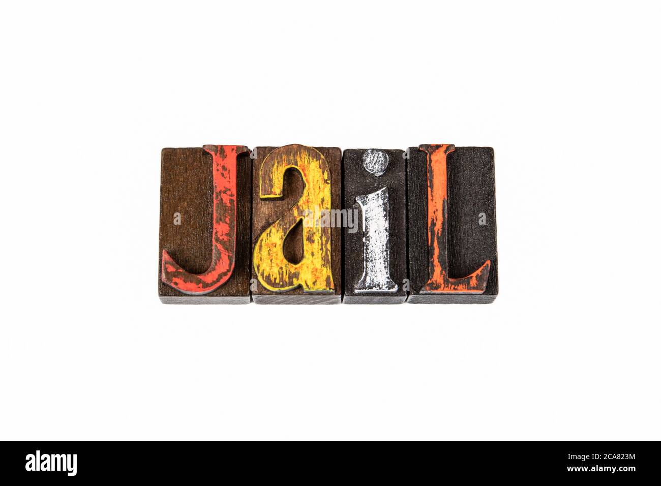 JAIL. Law and justice, judgment and punishment concept. Colored wooden ...