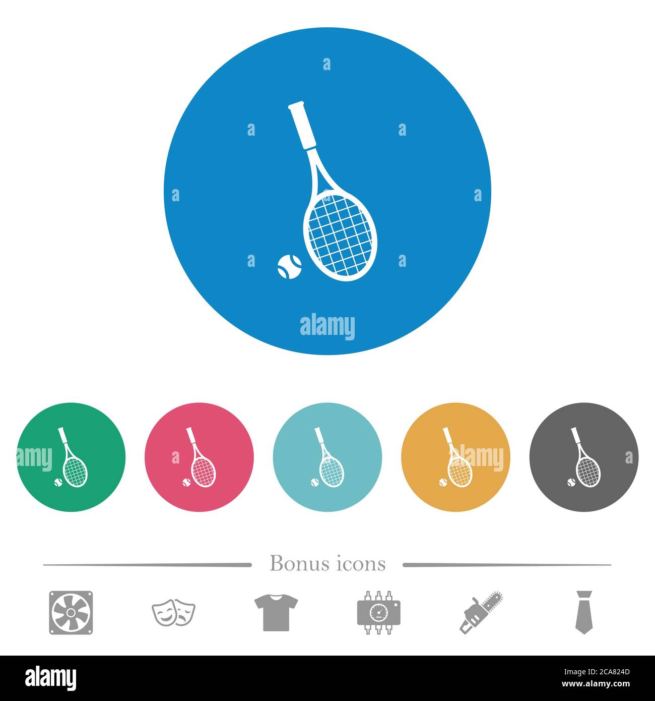 Tennis racket with ball flat white icons on round color backgrounds. 6 ...