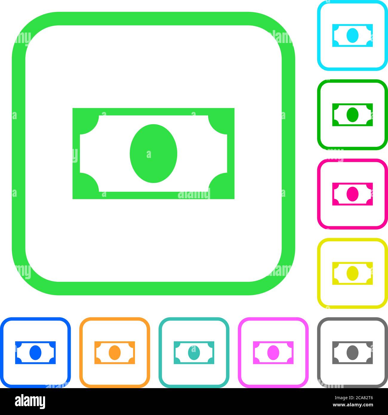 Single banknote vivid colored flat icons in curved borders on white ...