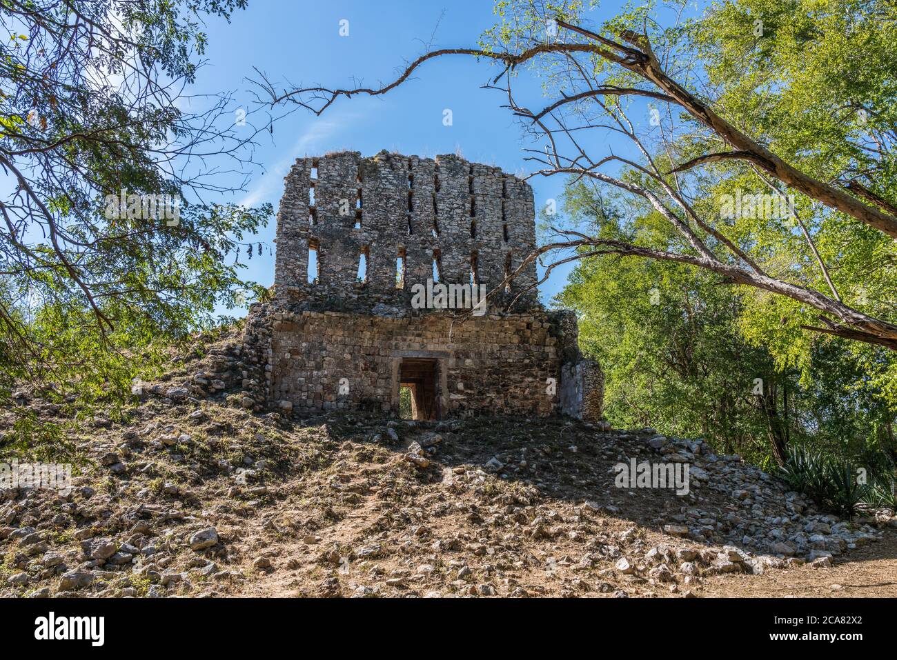 The tall roof comb of the El Mirador temple in the ruins of the Mayan ...