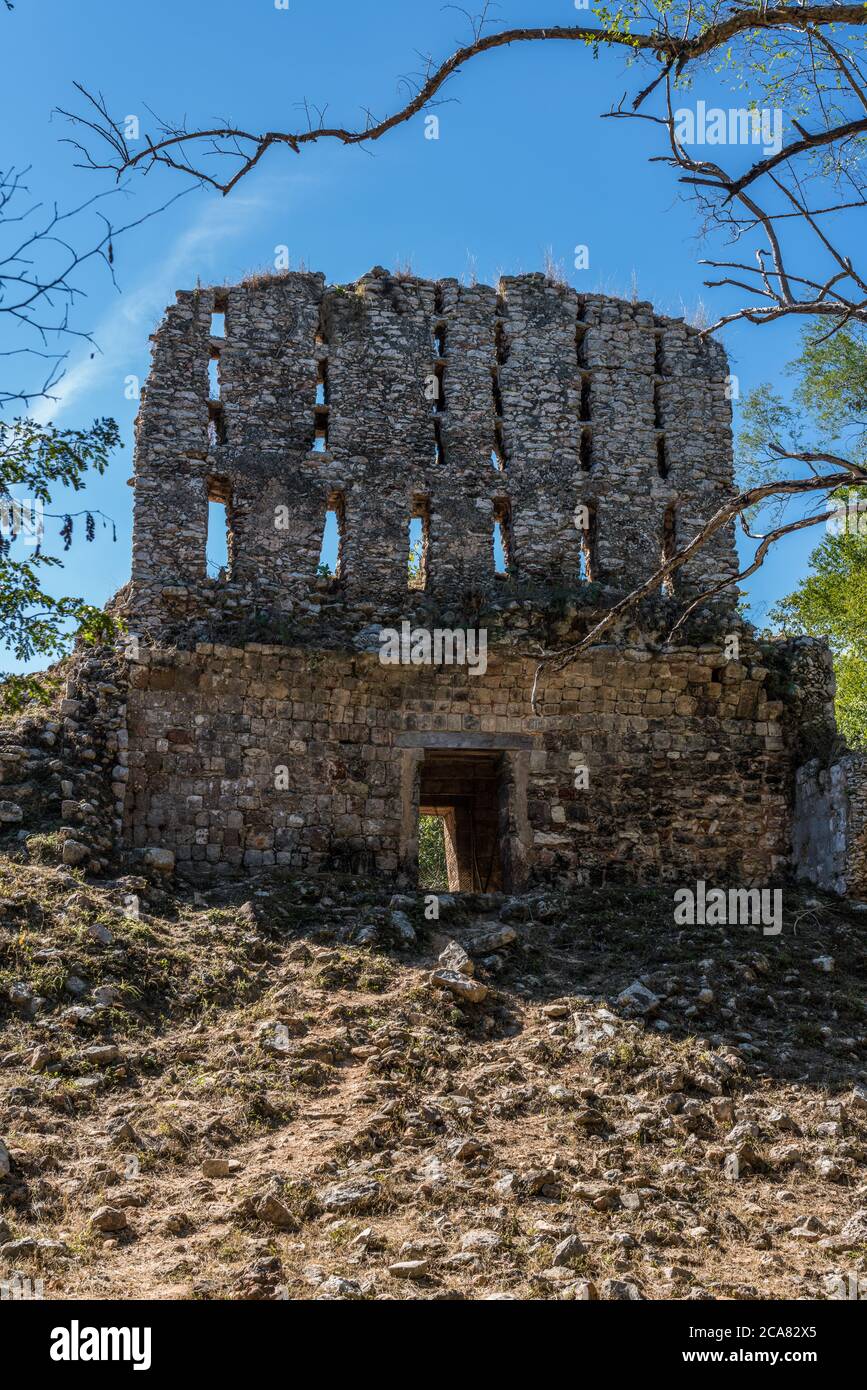 The tall roof comb of the El Mirador temple in the ruins of the Mayan ...