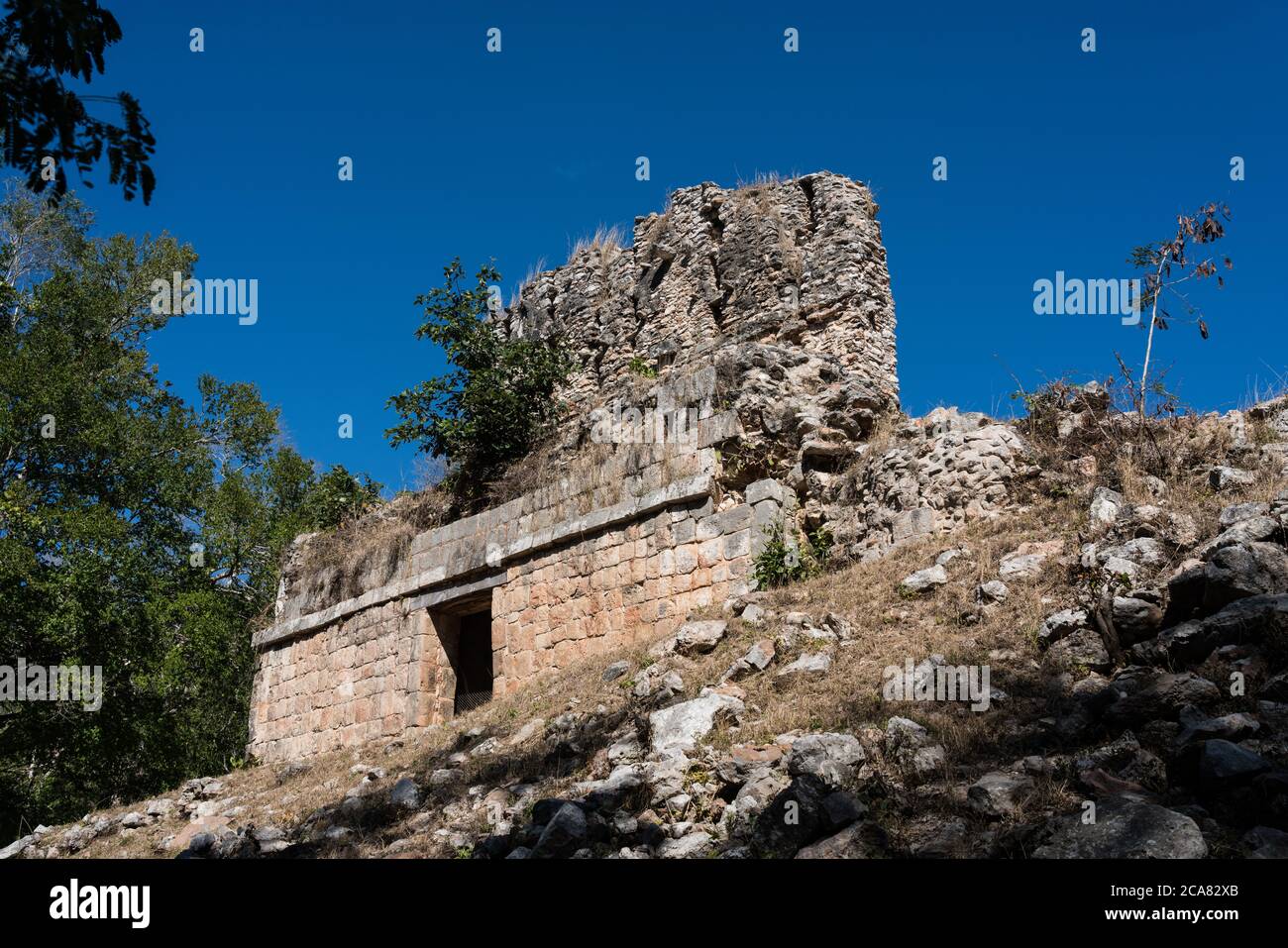 The tall roof comb of the El Mirador temple in the ruins of the Mayan ...
