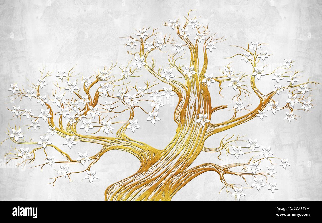 Golden curved thick tree with white flowers on a gray grunge background ...