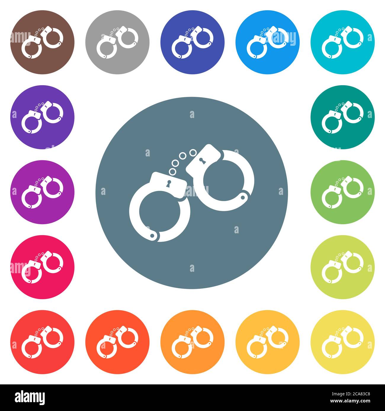 Handcuffs flat white icons on round color backgrounds. 17 background ...