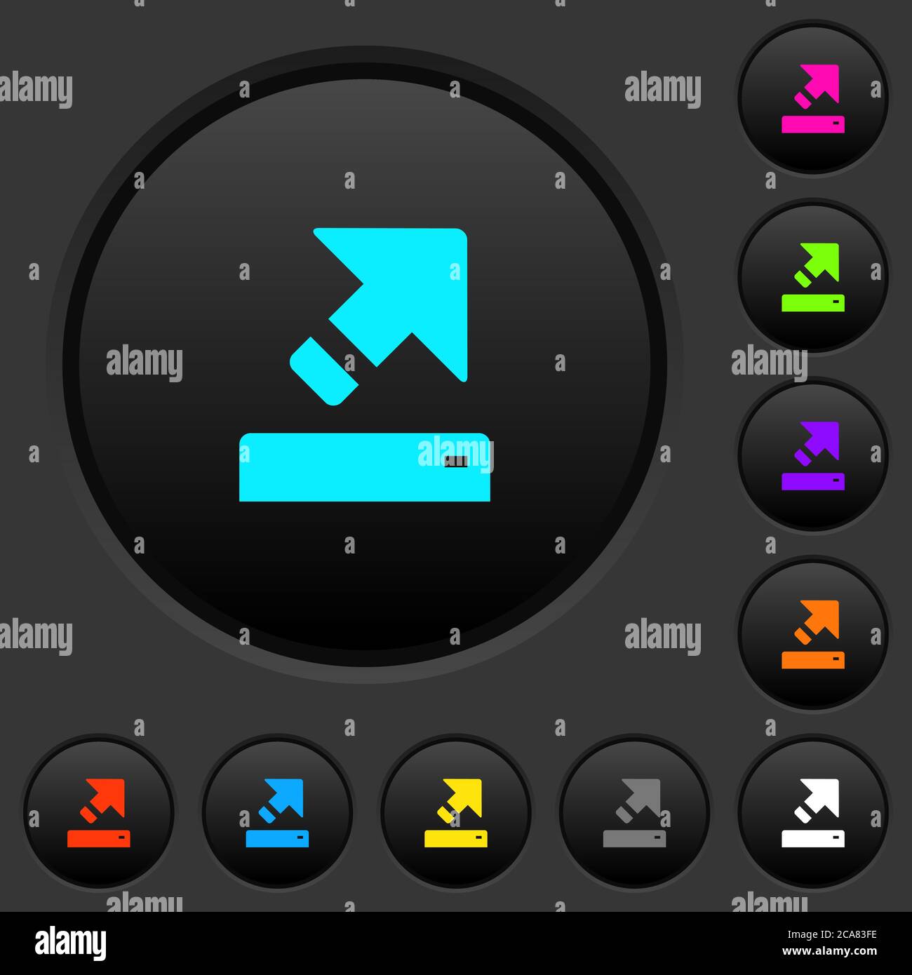 Export dark push buttons with vivid color icons on dark grey background ...
