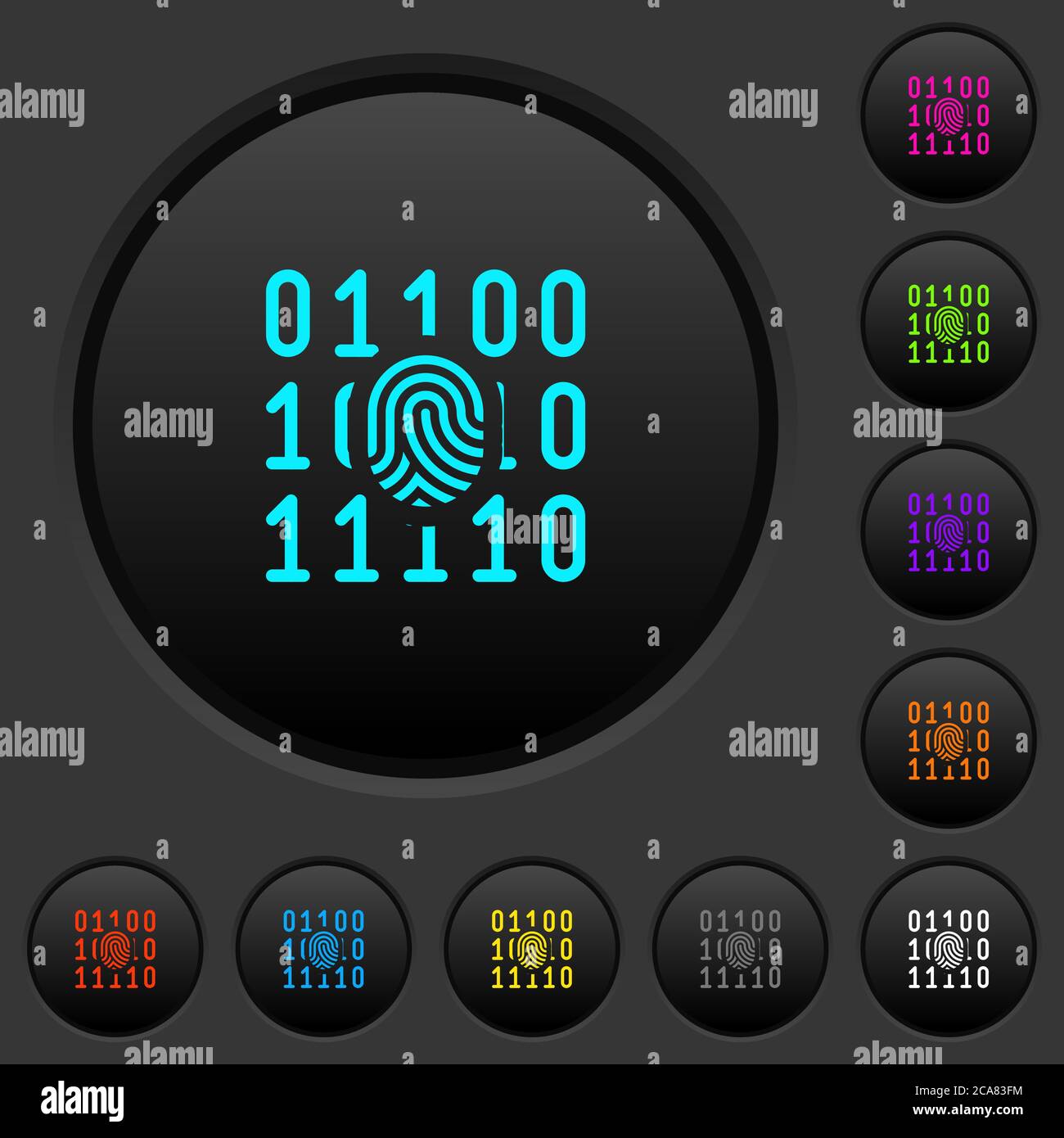 Digital fingerprint dark push buttons with vivid color icons on dark ...