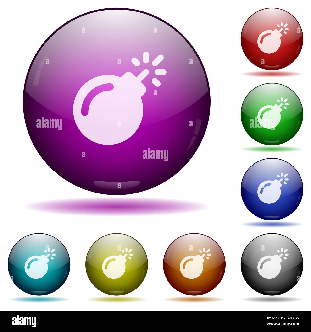 Bomb with sparkling fuse icons in color glass sphere buttons with ...