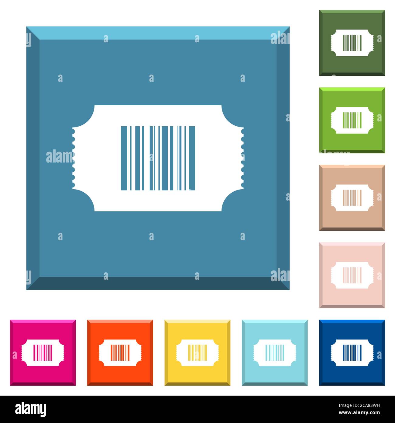 Ticket with barcode white icons on edged square buttons in various ...