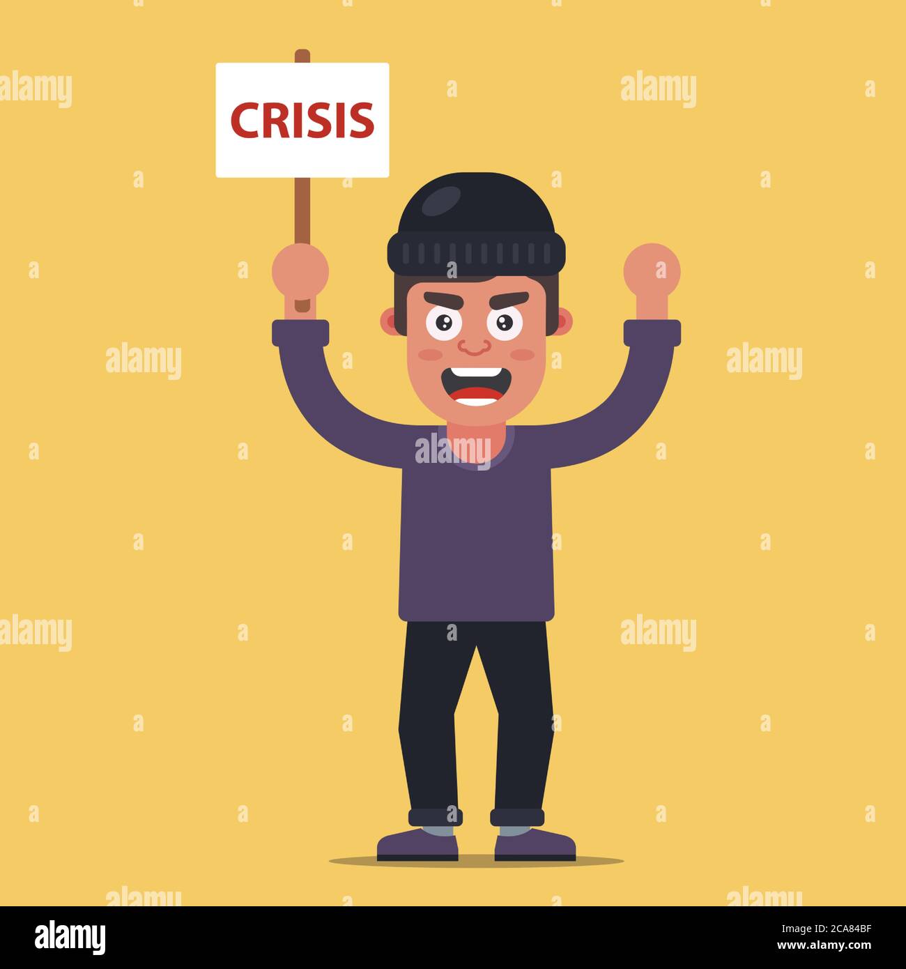 man protest with a poster with the inscription crisis. Flat character ...