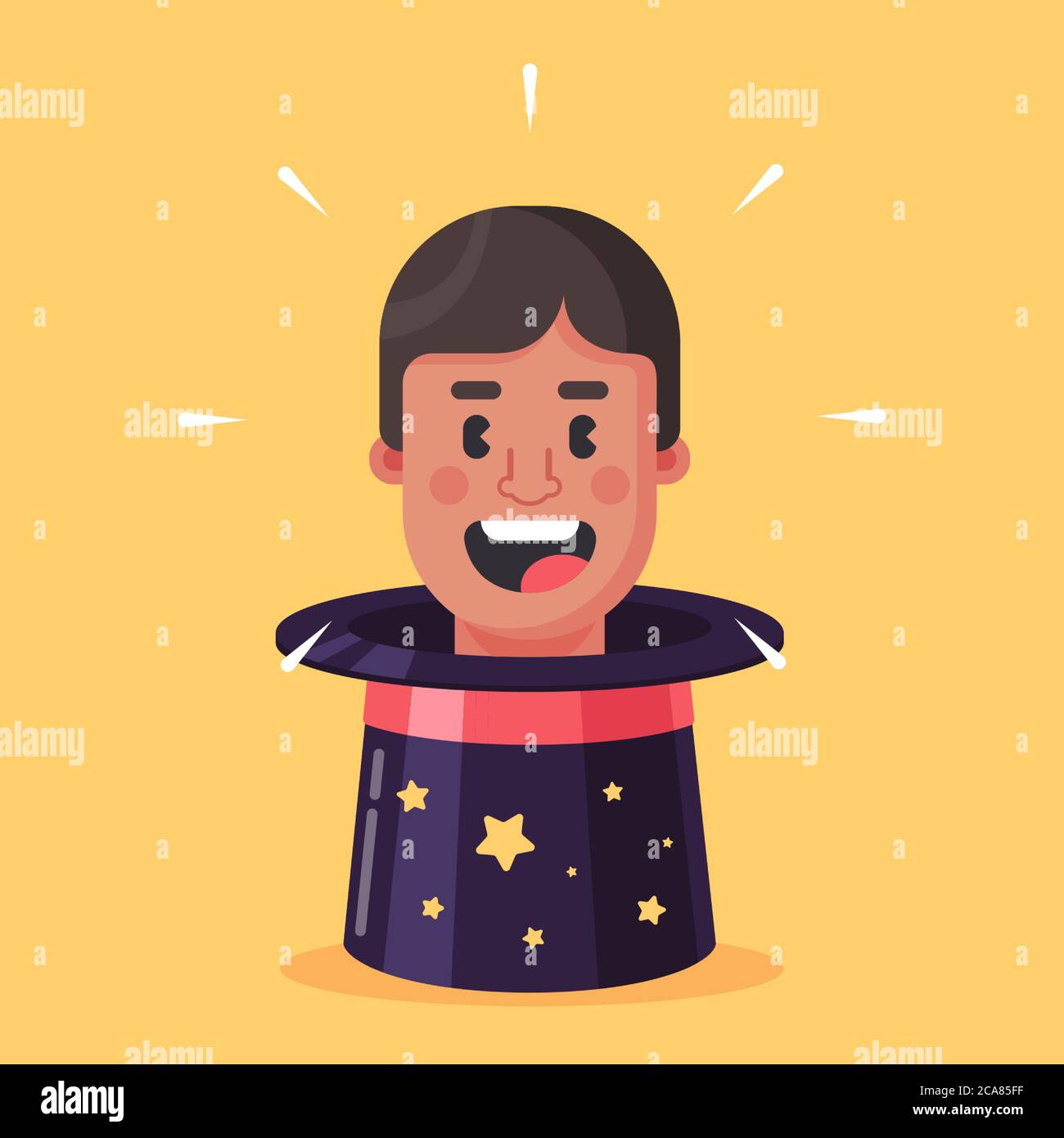 an assistant head appears from the magician hat. funny trick. Flat ...