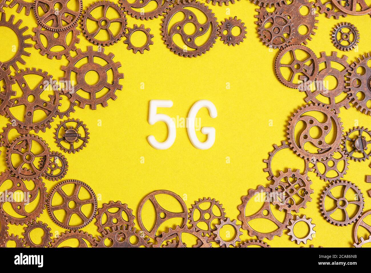 Modern communication technologies 5G logo on a yellow background among ...