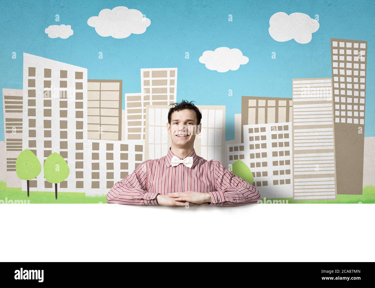 Cheerful man with banner Stock Photo - Alamy