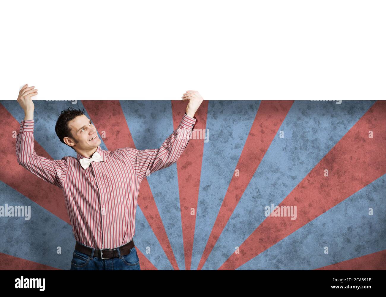 Cheerful man with banner Stock Photo - Alamy