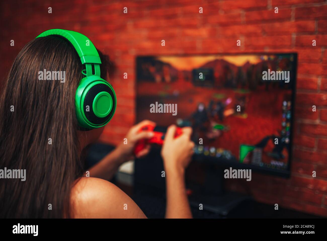 young girl playing game on computer, banner Stock Photo - Alamy