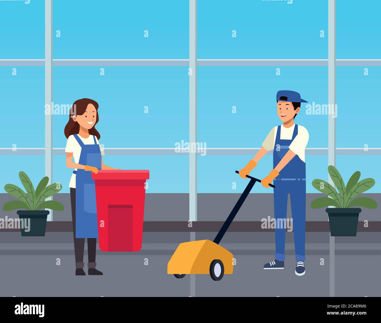 housekeeping couple workers cleaning corridor with tools characters ...