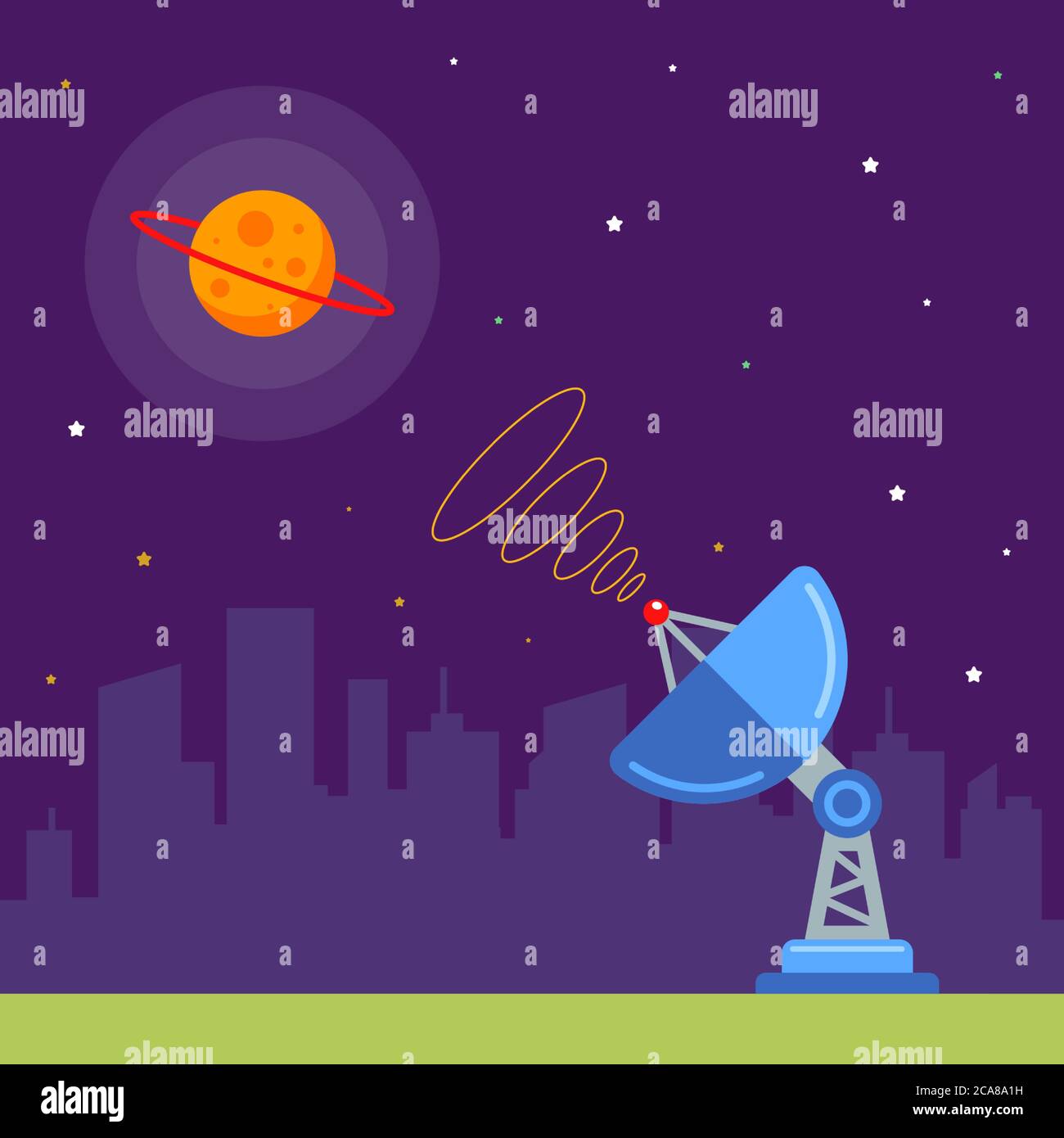 Signal from the earth to other planets using a satellite dish. flat ...