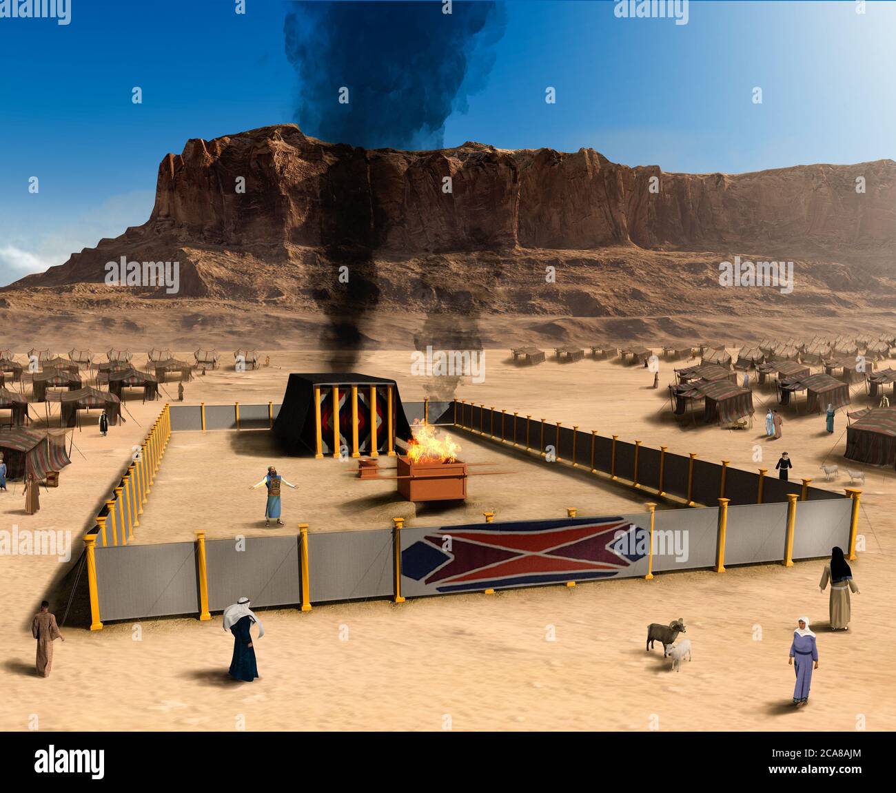 Biblical Tabernacle with altar and Jewish tent camp, Israel, 3d render ...
