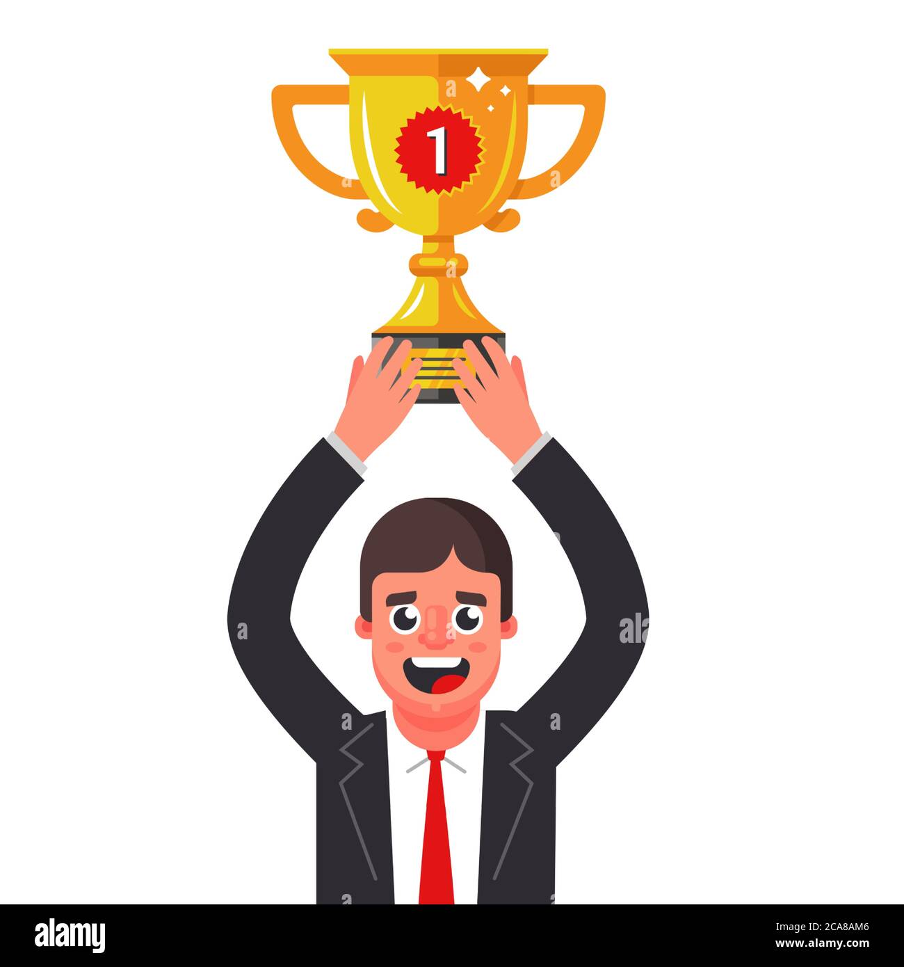 a man in a suit with a golden cup in his hands. take first place. flat ...