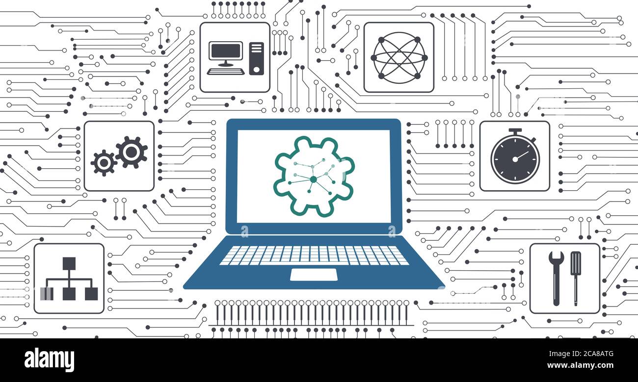 Concept of network management with icons integrated in circuit Stock ...