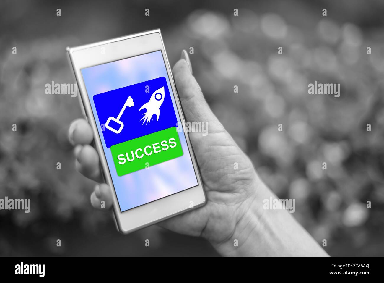 Female hand holding a smartphone with success concept Stock Photo - Alamy