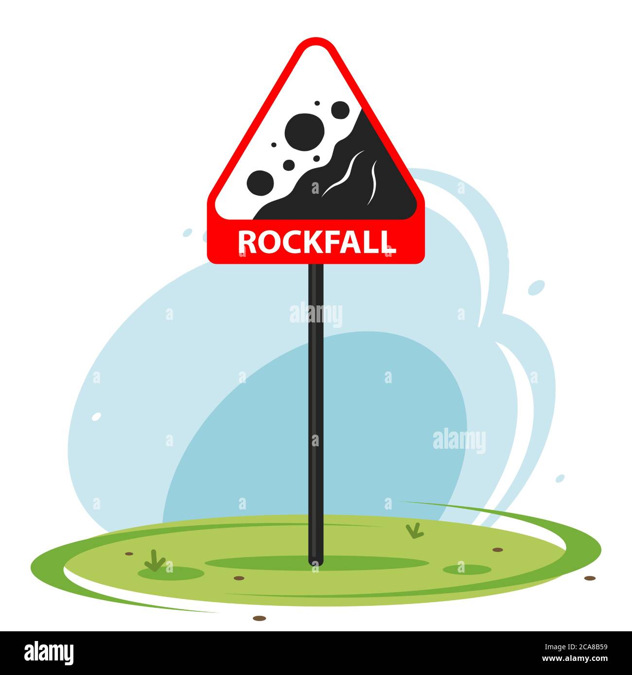 Red road sign rockfall on nature background. flat vector illustration ...