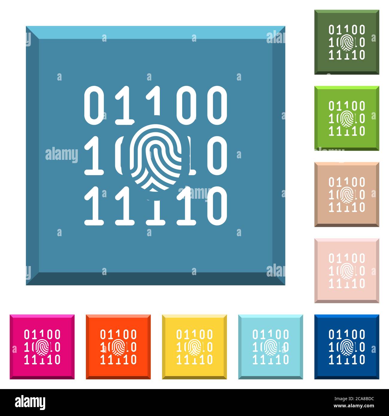 Digital fingerprint white icons on edged square buttons in various ...