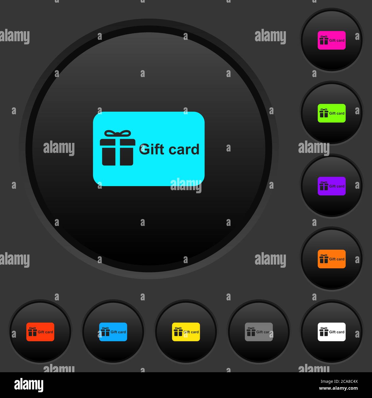 Gift card with text dark push buttons with vivid color icons on dark ...