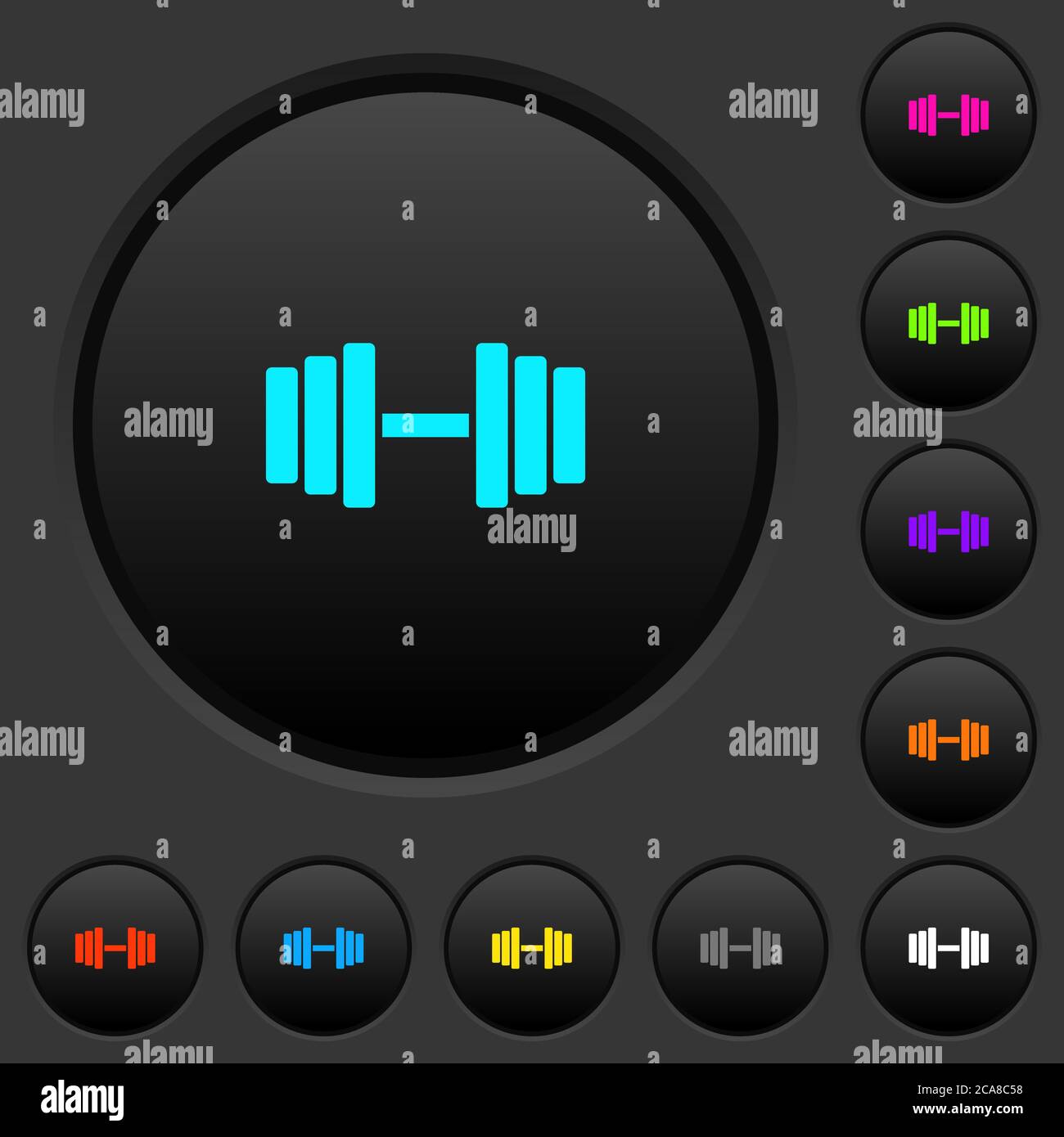 Gym dark push buttons with vivid color icons on dark grey background ...