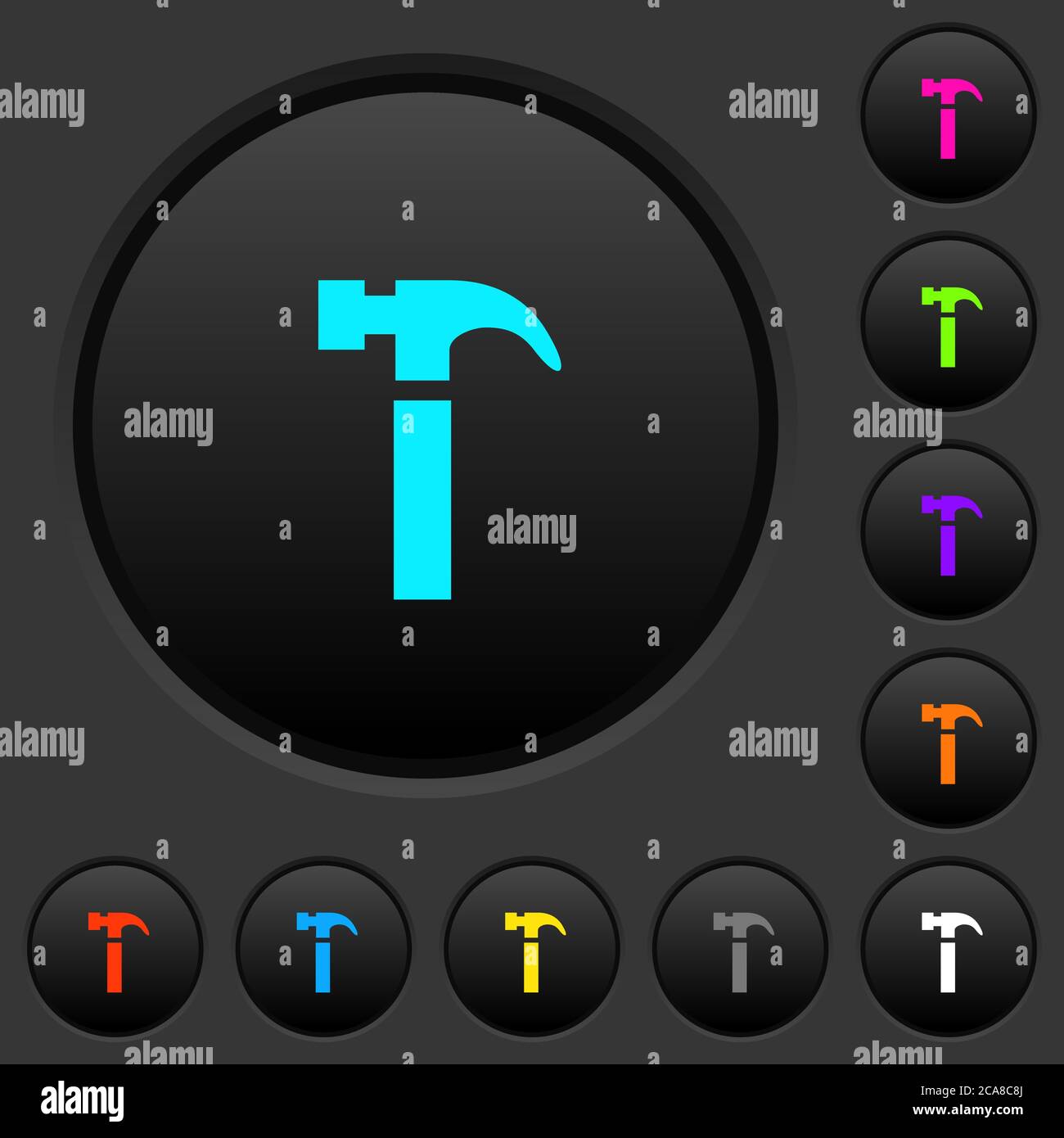 Single hammer dark push buttons with vivid color icons on dark grey ...