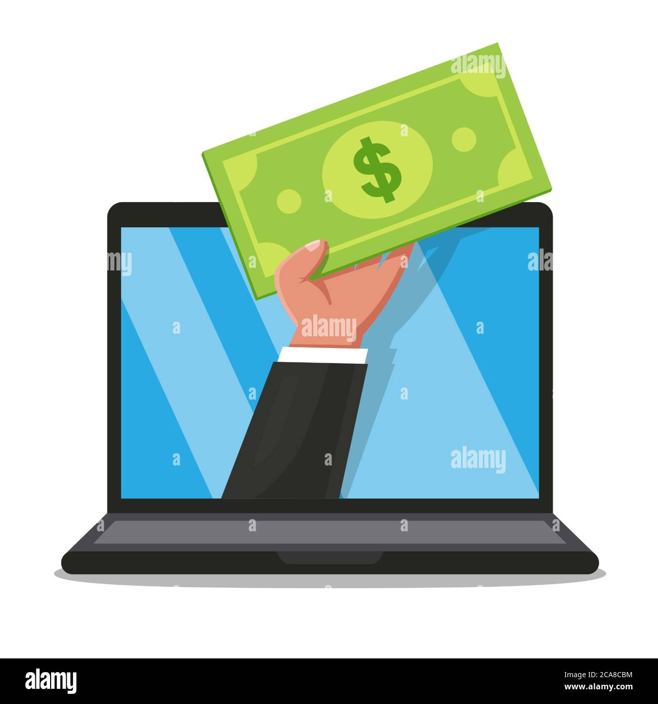 a hand with a bill in hand peeks out of a laptop monitor. online ...