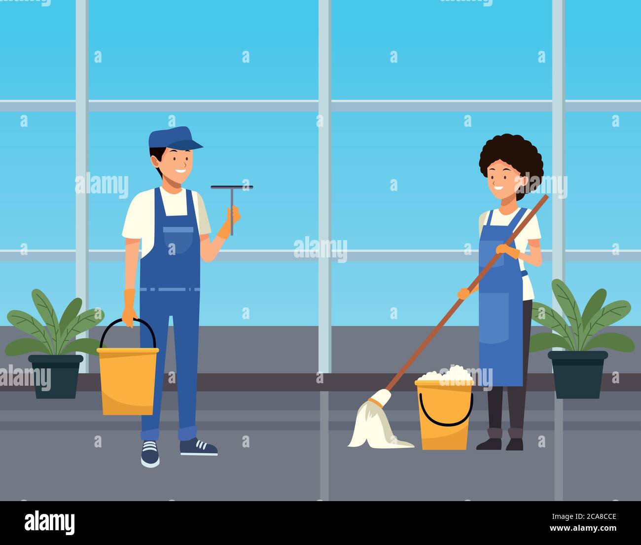 housekeeping couple workers cleaning corridor with tools characters ...