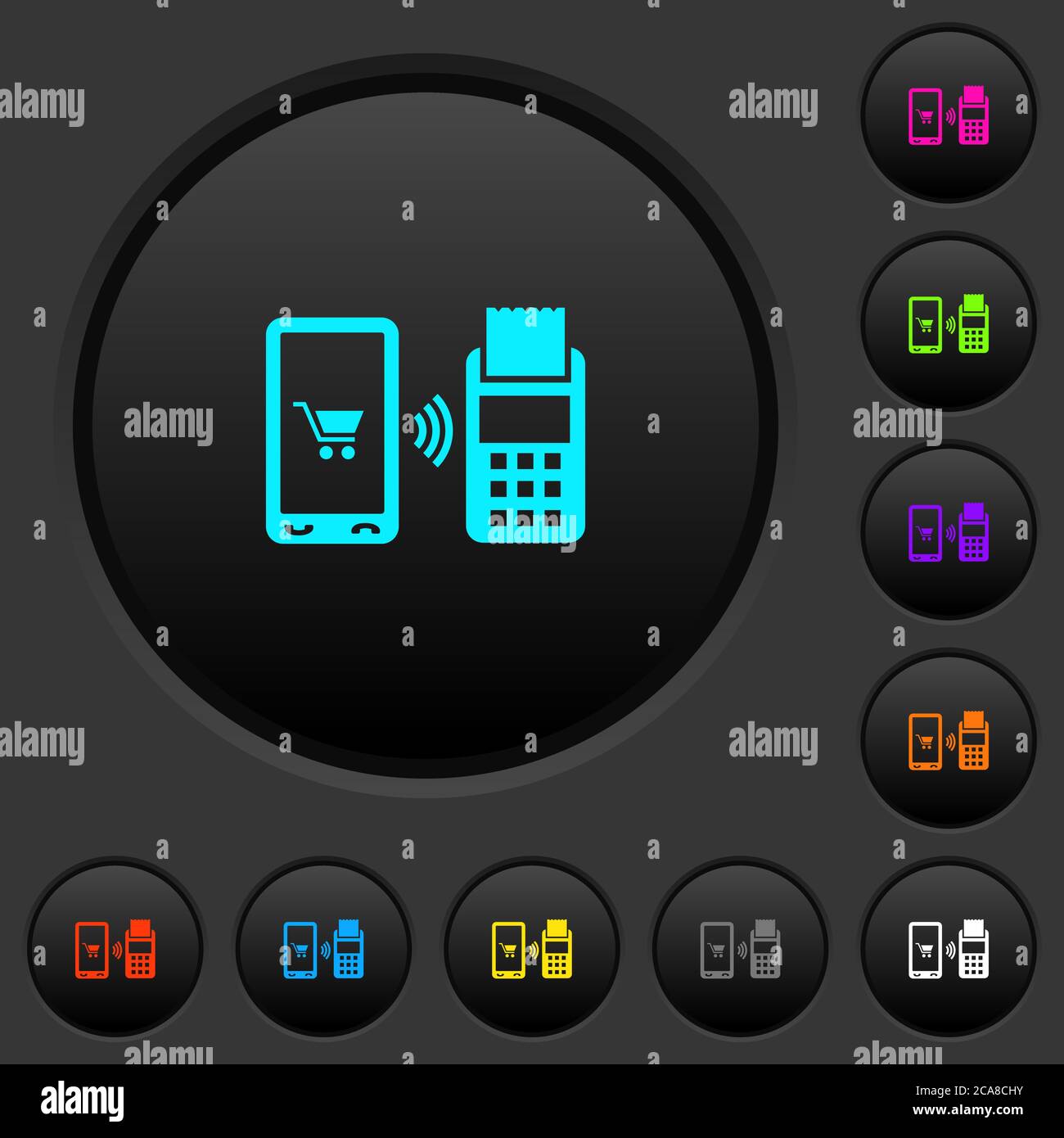 Mobile payment dark push buttons with vivid color icons on dark grey ...