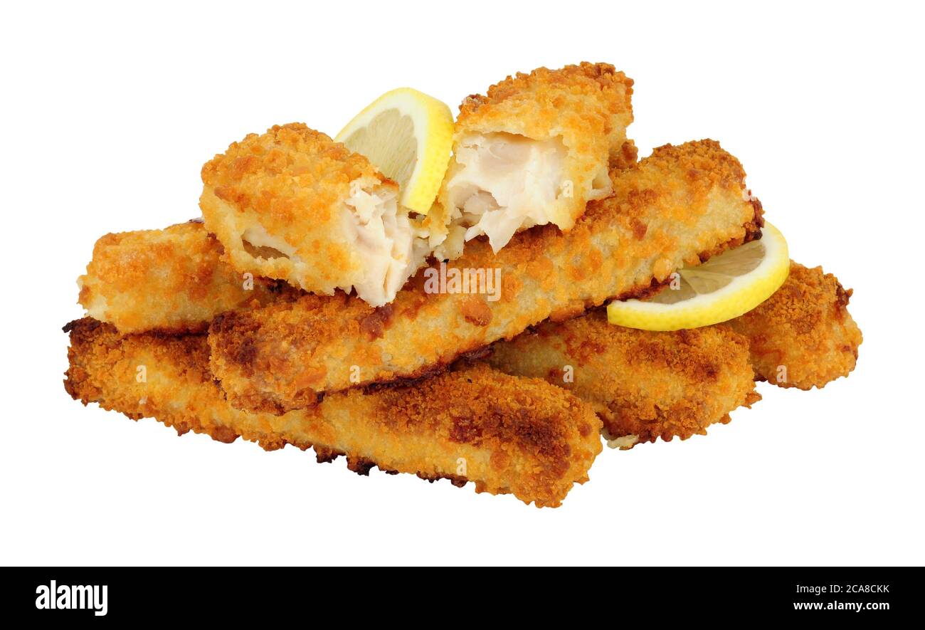 Group of jumbo breadcrumb covered cod fish fingers isolated on a white ...