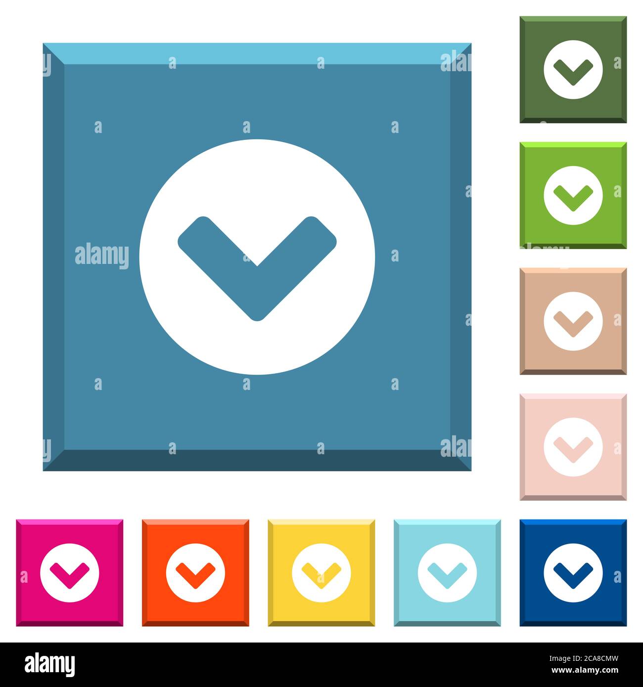 Chevron down white icons on edged square buttons in various trendy ...