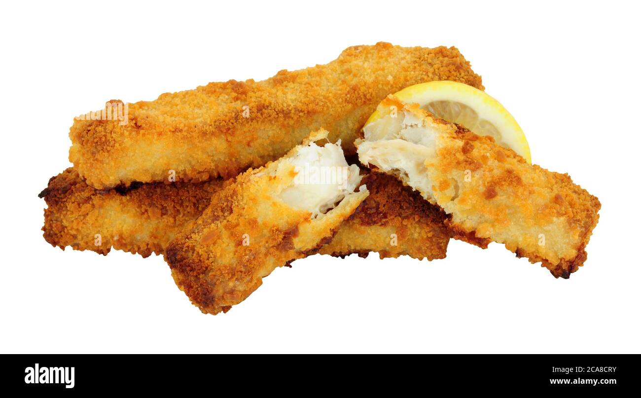 Group of jumbo breadcrumb covered cod fish fingers isolated on a white ...