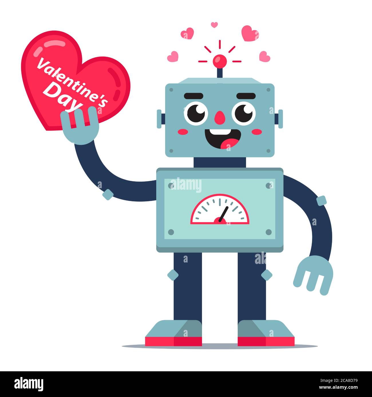 Cute robot holds a heart in his hand. card for valentines day. flat ...