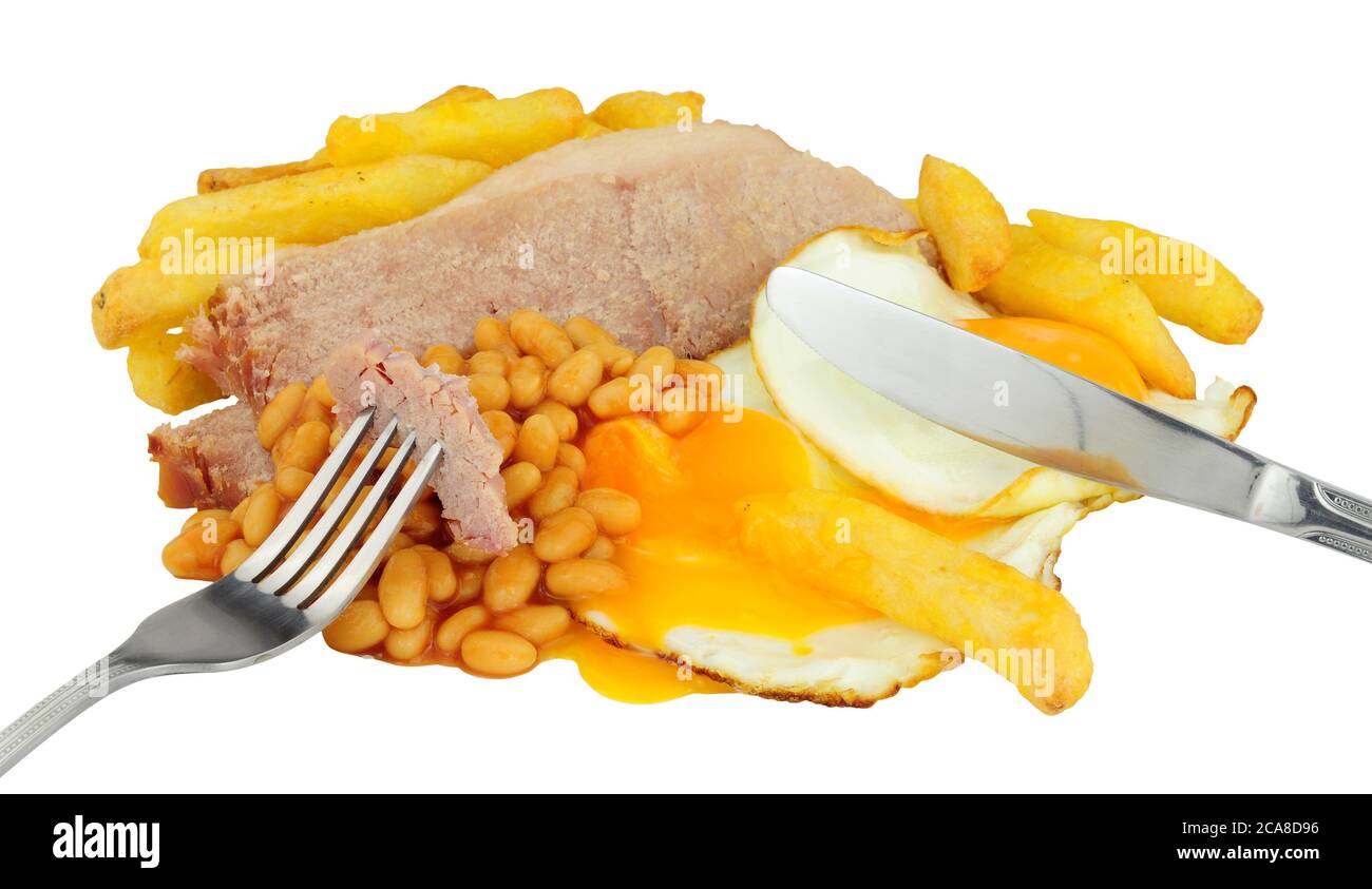 Ham egg and chips meal with baked beans in tomato sauce isolated on a ...