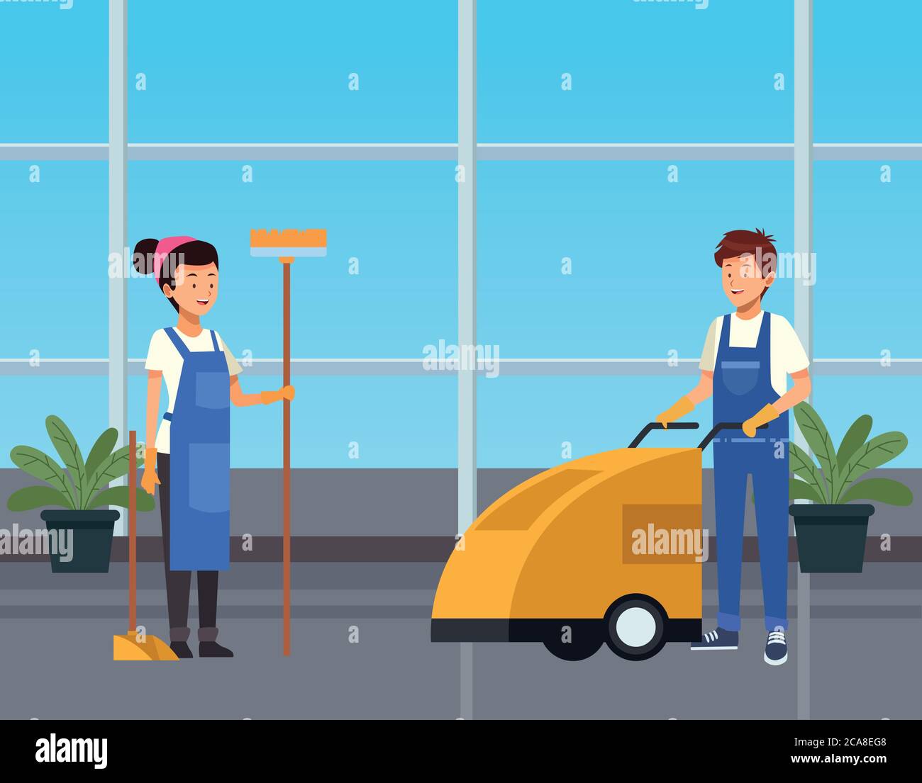 housekeeping couple workers cleaning corridor with tools characters ...