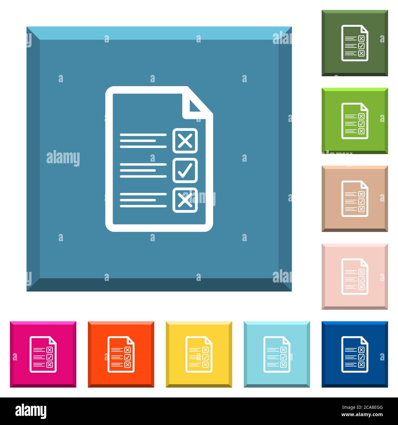 Questionnaire document white icons on edged square buttons in various ...
